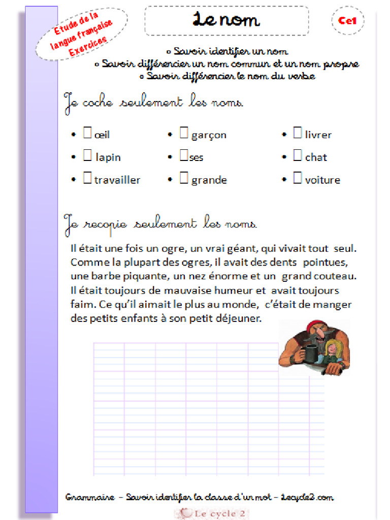 Exercices Grammaire Ce1 Le Nom Les Noms Communs Les Noms Propres Revisions Evaluation | PDF
