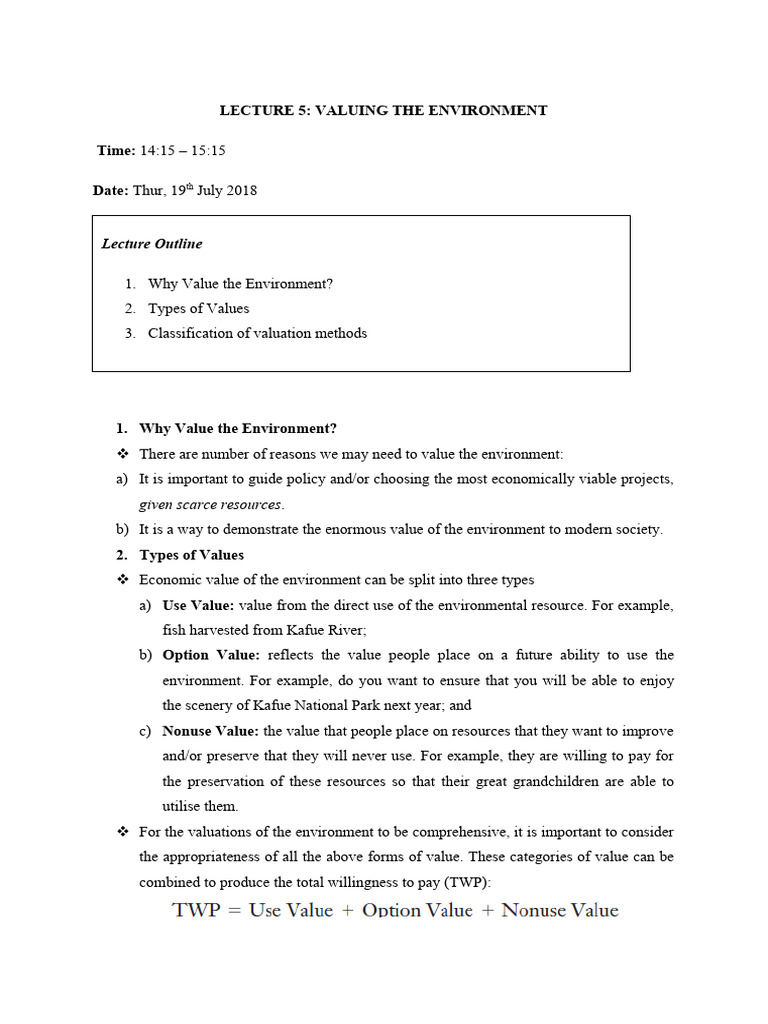 Lecture 5 - Valuing The Environment | PDF | Valuation (Finance) | Business