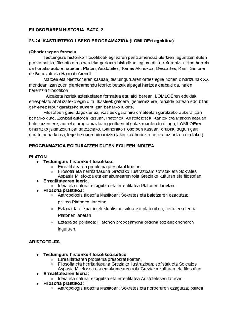 Filosofiaren Historiako Programazioa 2023-24 | PDF