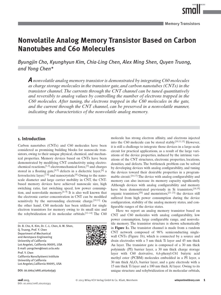 Nonvolatile Analog Memory Transistor Bas | PDF | Carbon Nanotube | Transistor