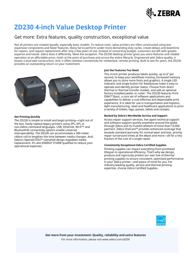 Zd230 Spec Sheet en Gb | PDF | Printer (Computing) | Barcode