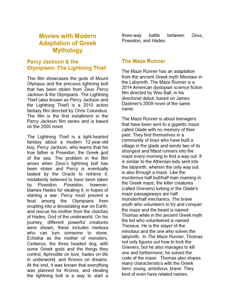 Movies With Modern Adaptation of Greek Mythologies | PDF | The Hunger ...