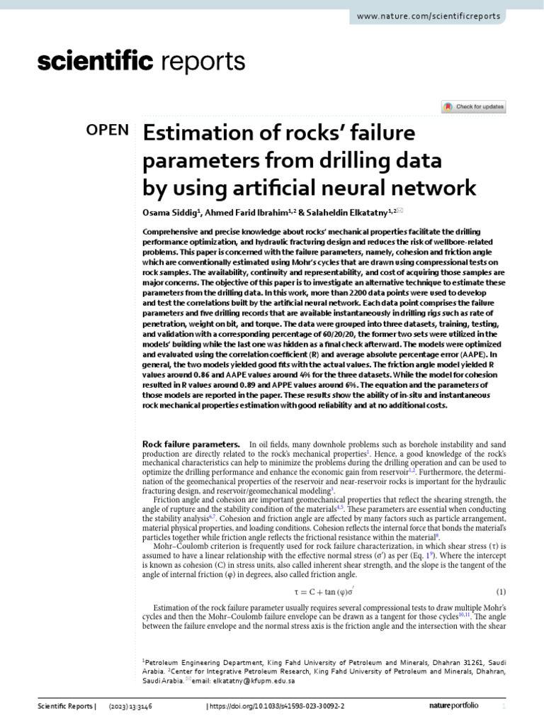 Estimation of Rocks' Failure Parameters From Drilling Data by Using Artificial Neural Network ...