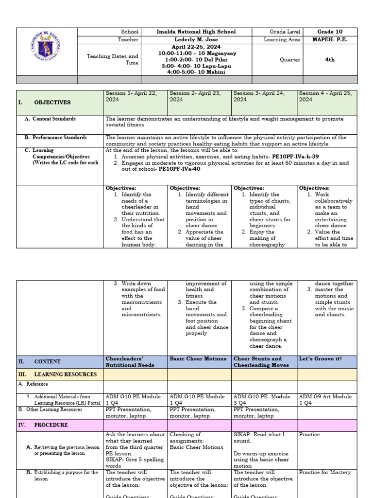 Grade 10 Cheerleading PE Lesson Plan | PDF | Cheerleading | Learning