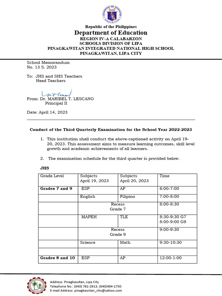 SCH MEMO NO. 13 S 2023 3rd Q Sched | PDF