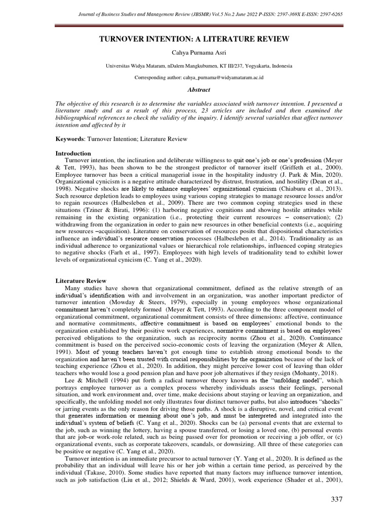 Turnover Intention A Literature Review | PDF | Turnover (Employment ...