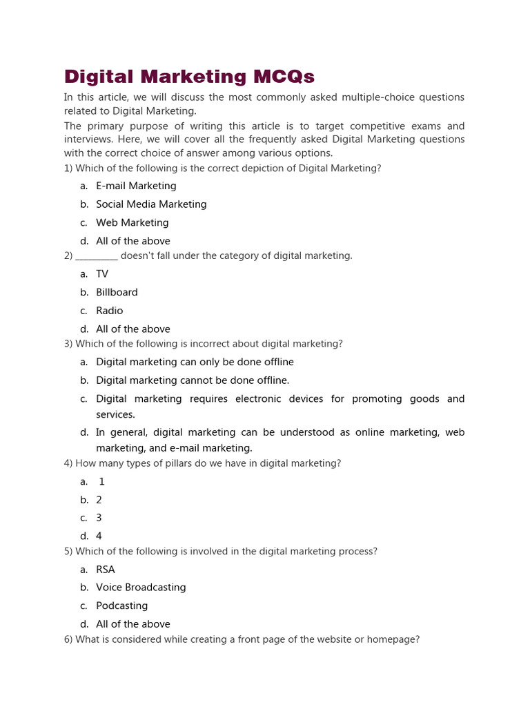 Digital Marketing MCQs | PDF | Digital Marketing | Mass Media