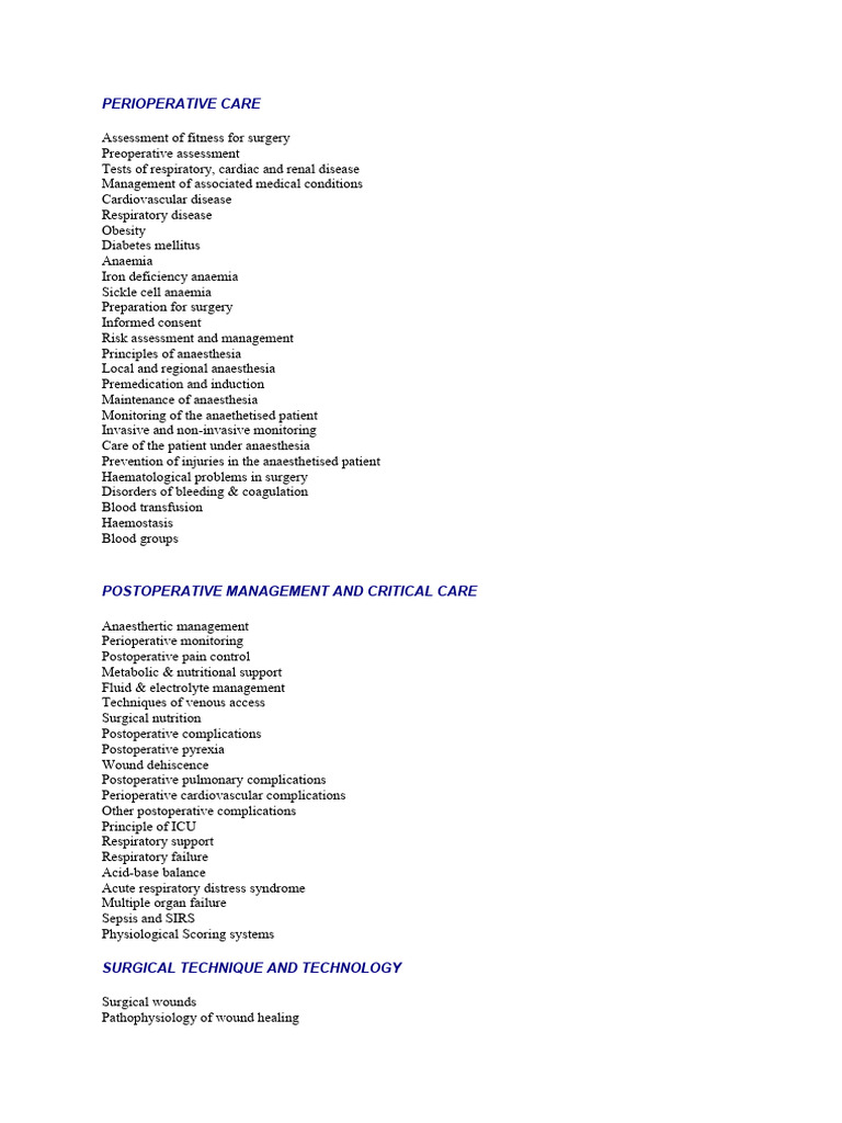 MRCS Topic list | PDF | Surgery | Urinary Incontinence