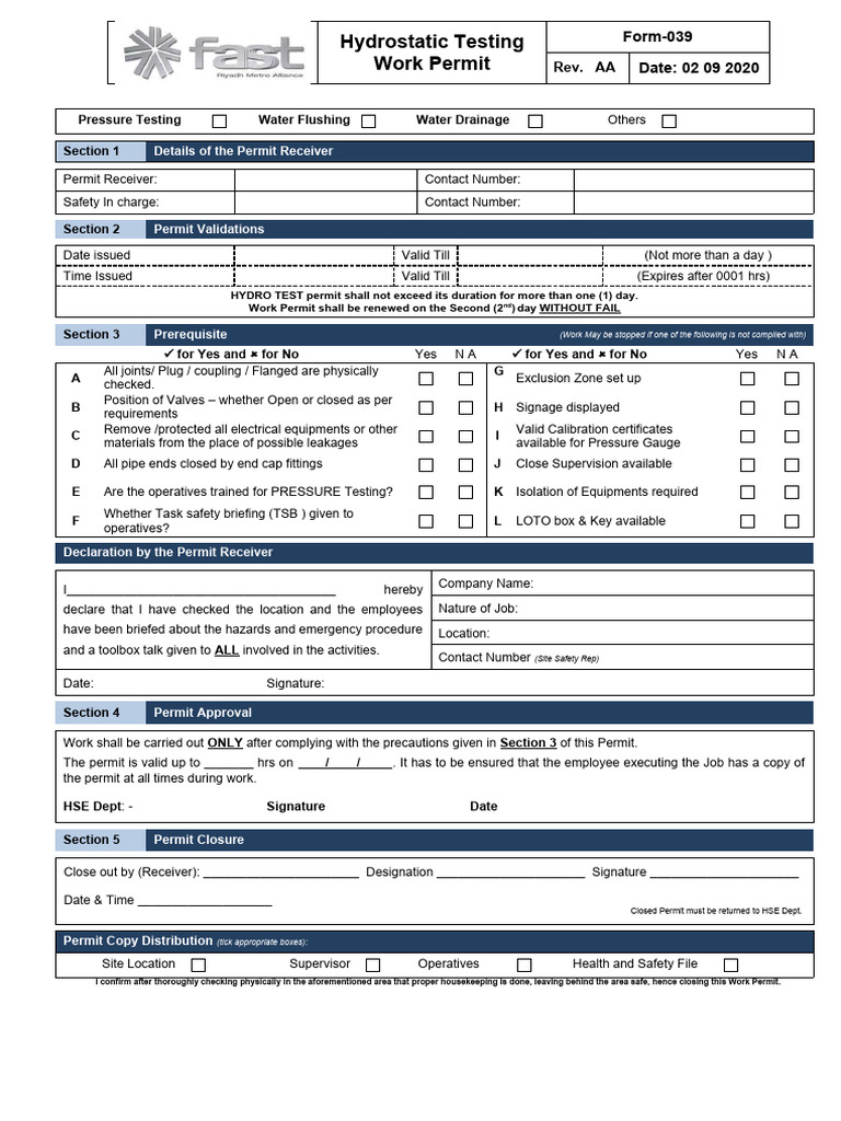 Form-039-Hydrostatic Testing Work Permit | PDF | Occupational Safety ...
