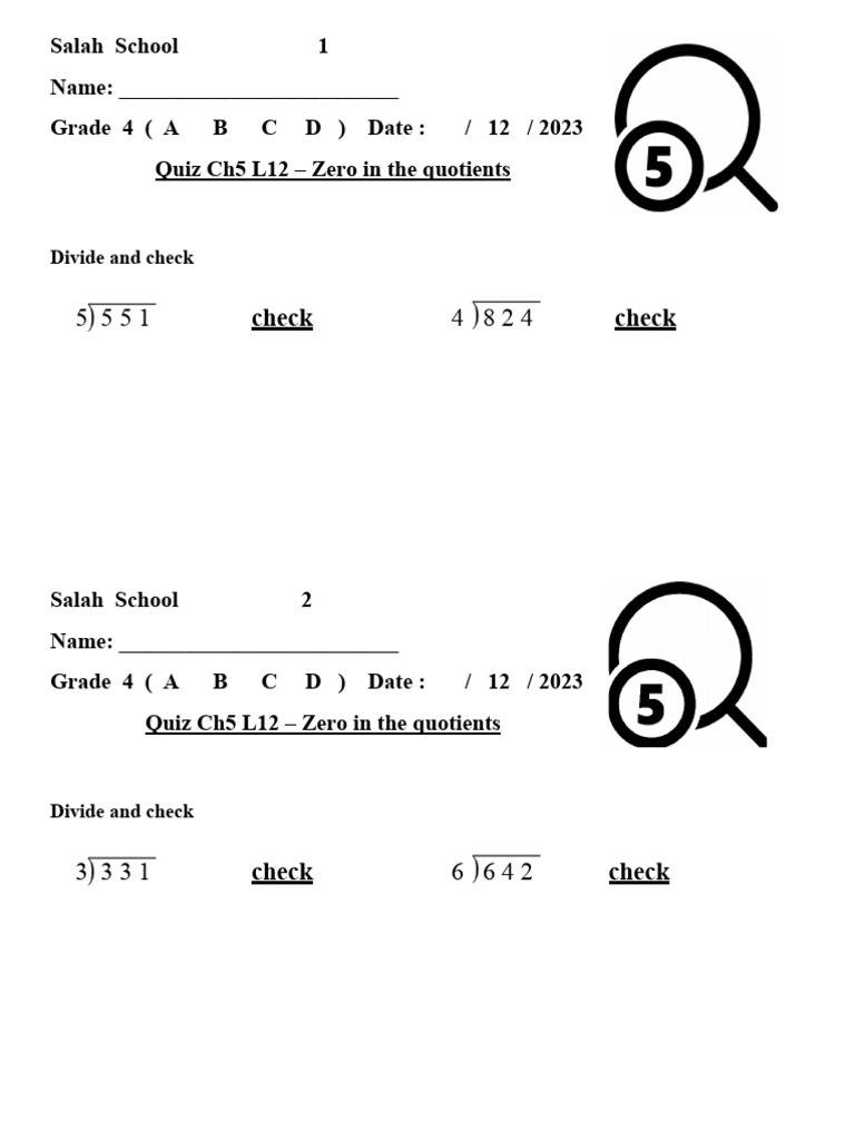 Quiz Ch5 L12 - Zero in The Quotients | PDF