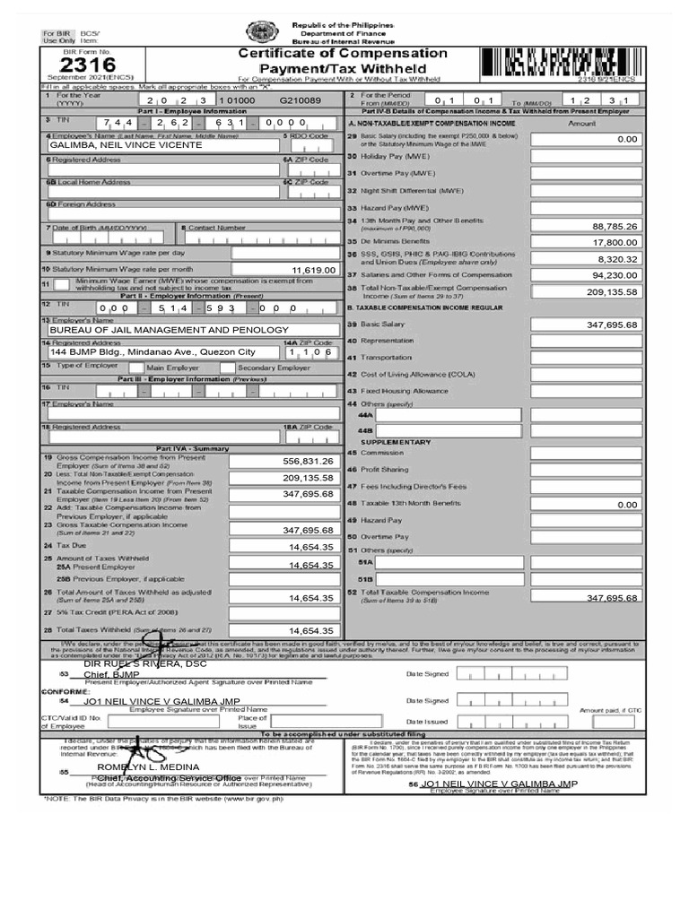 BIR Form 2316 (JO1 Galimba) | PDF