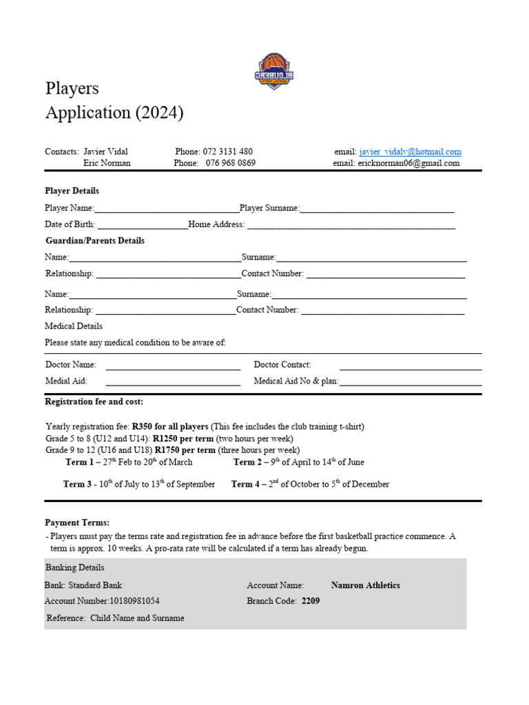 Players Application Form 2024 | Download Free PDF | Indemnity
