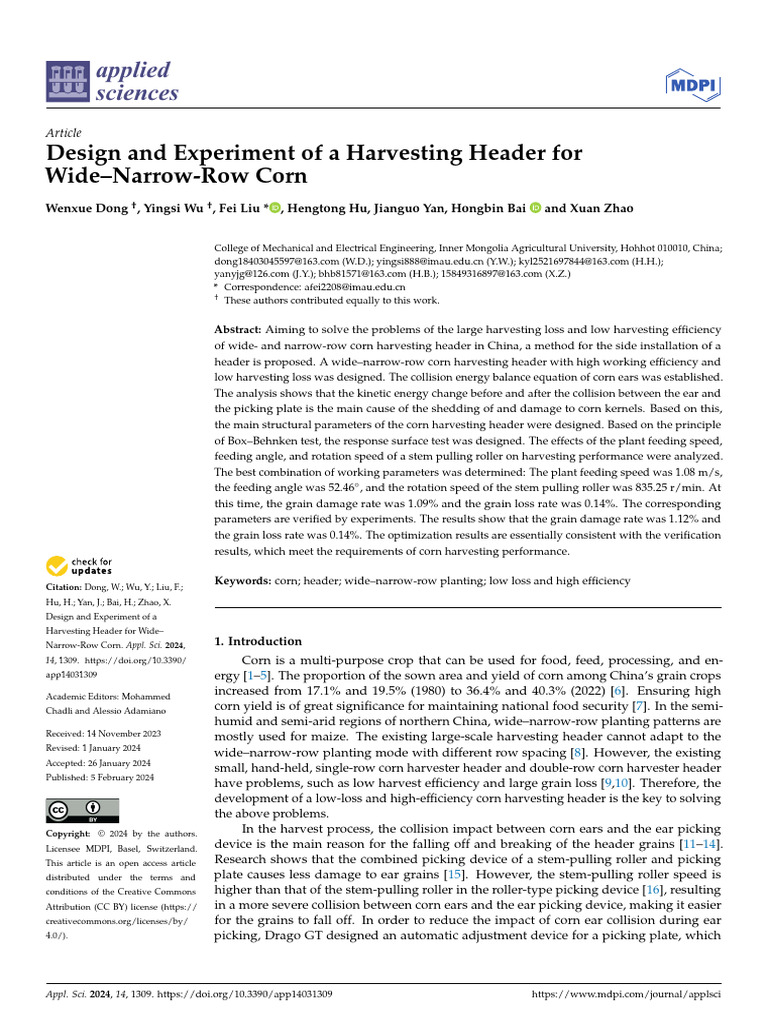 Design and Experiment of A Harvesting Header For W | PDF | Maize ...