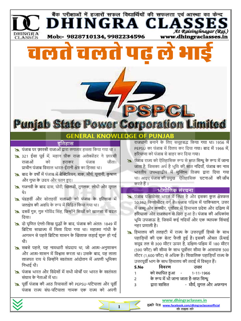 Dhingra - PUNJAB G K FOR PSPCL | PDF