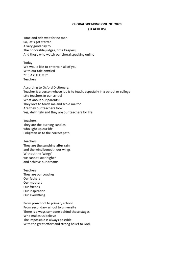 Choral Speaking Text 2020 (Online) | Download Free PDF | Teachers