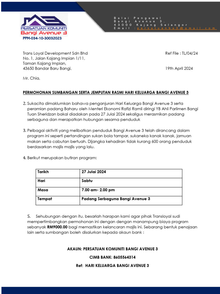 Surat Sumbangan Transloyal Untuk Hari Keluarga Bangi Avenue 3 2024 | PDF