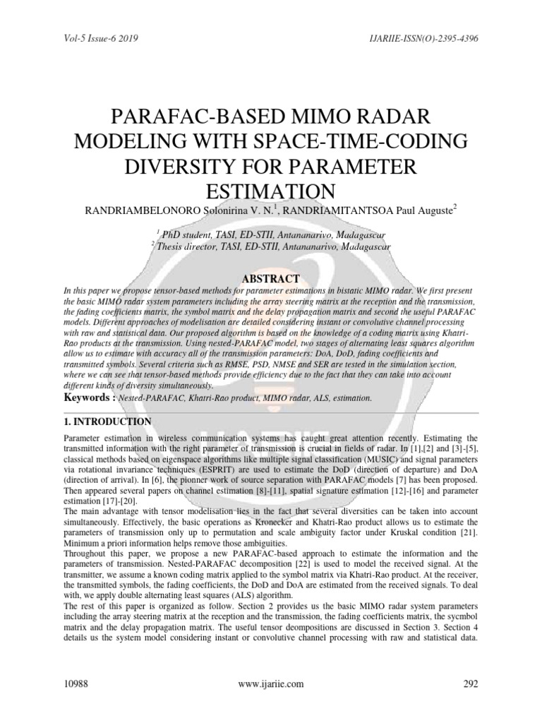 PARAFAC BASED MIMO RADAR MODELING WITH SPACE TIME CODING DIVERSITY FOR PARAMETER ESTIMATION ...