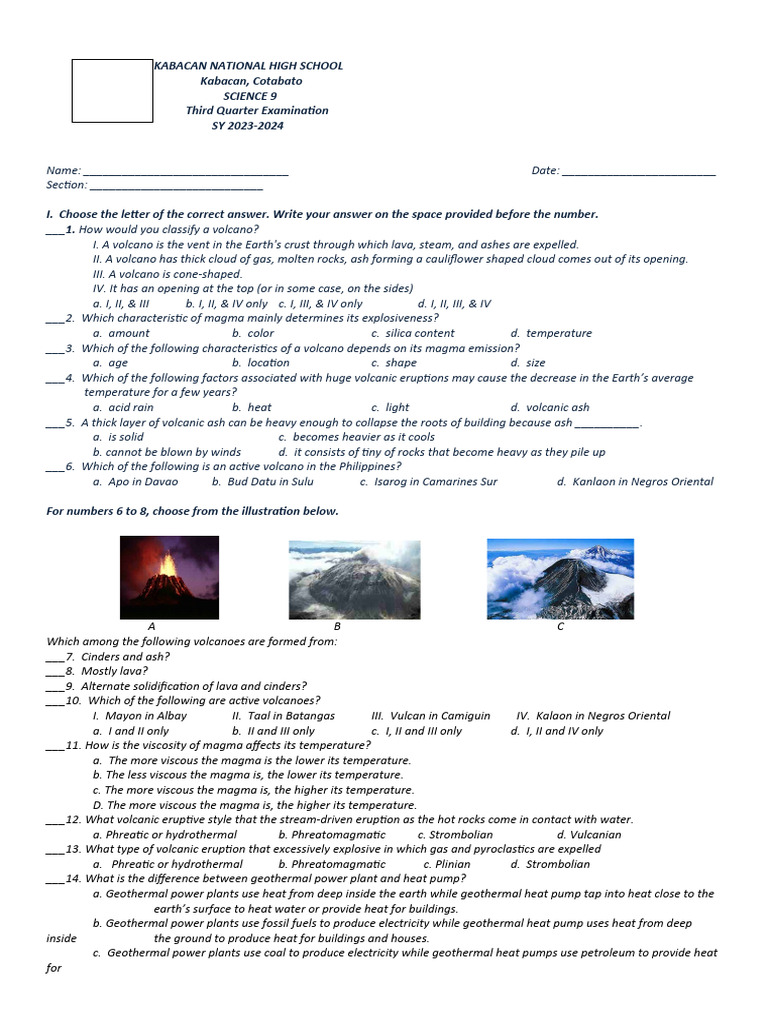 q3 Test Question | PDF | Atmosphere Of Earth | Volcano