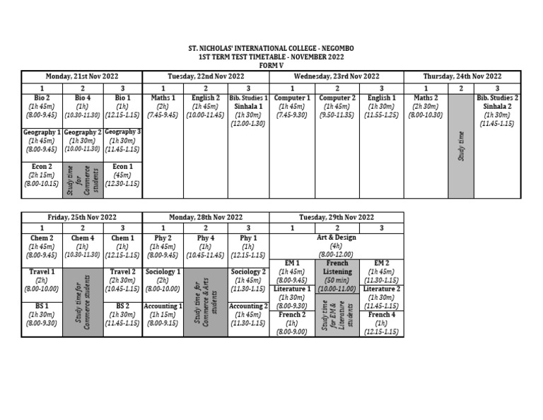 F5 - 1st Term Test Time Table Nov 2022 | PDF