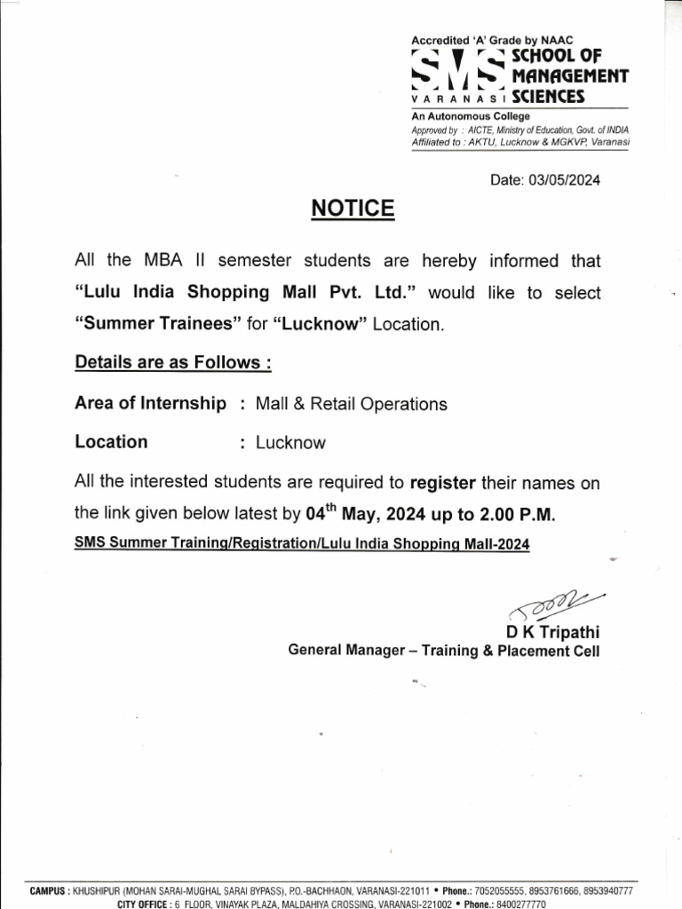 Lulu India Shopping Mall Pvt. Ltd. - Summer Training - Notice | PDF