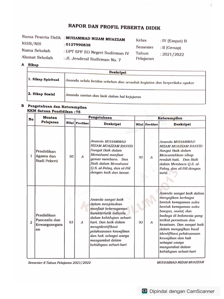Raport Kelas IV Semester 2 | PDF