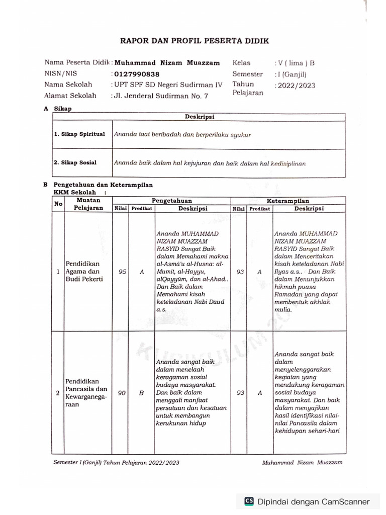 Raport Kelas V Semester 1 | PDF