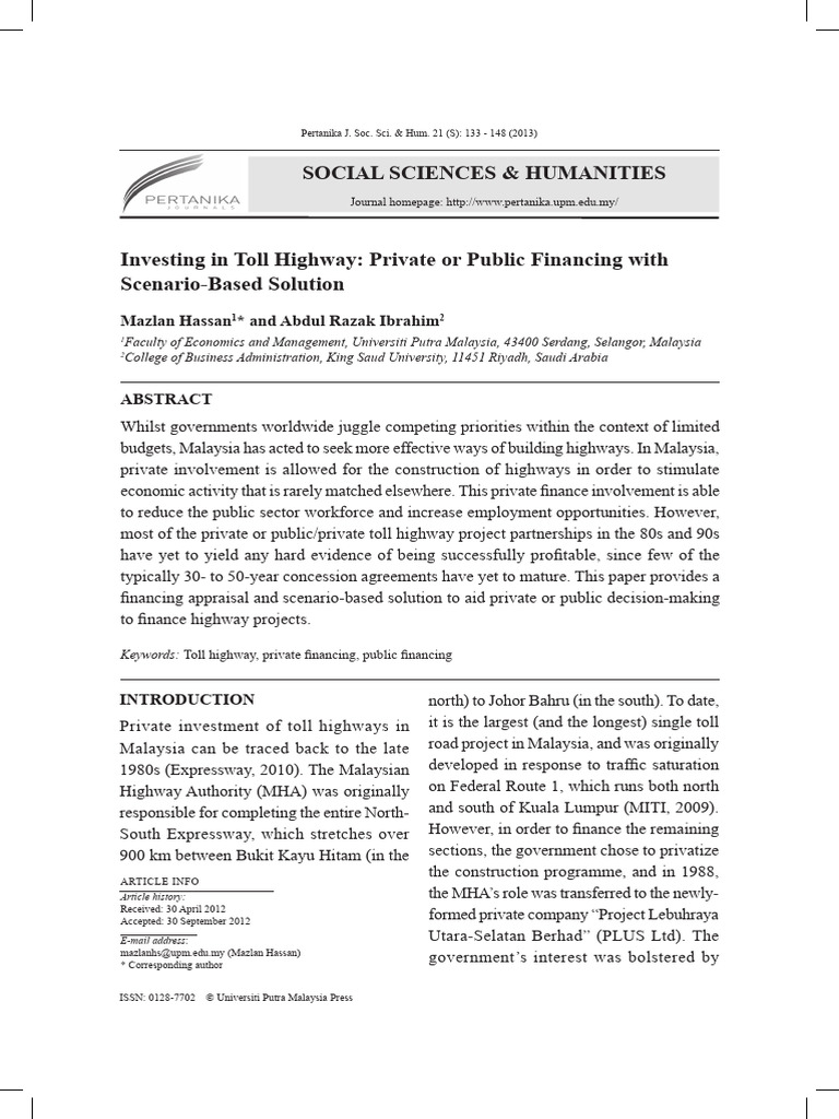 Investing in Toll Highway Private or Public Financing With Scenario ...