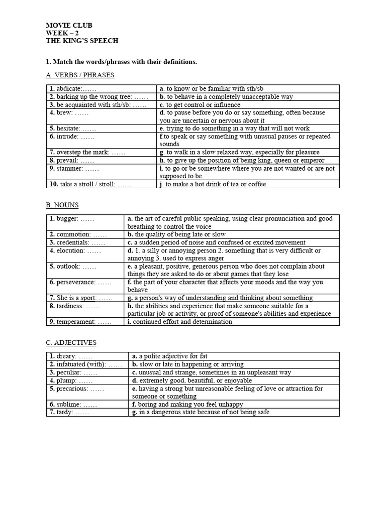 The King's Speech - Vocabulary | PDF | Linguistic Morphology | Syntax