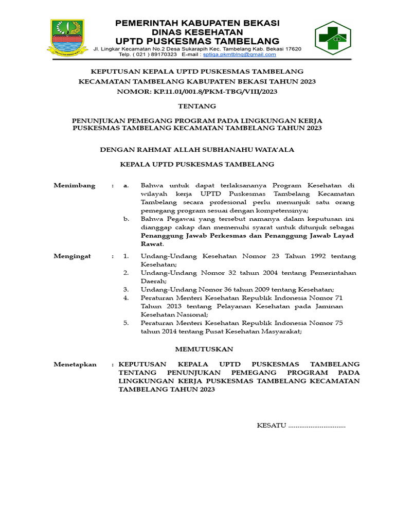 Penunjukan Pemegang Program Puskesmas 2023 | PDF