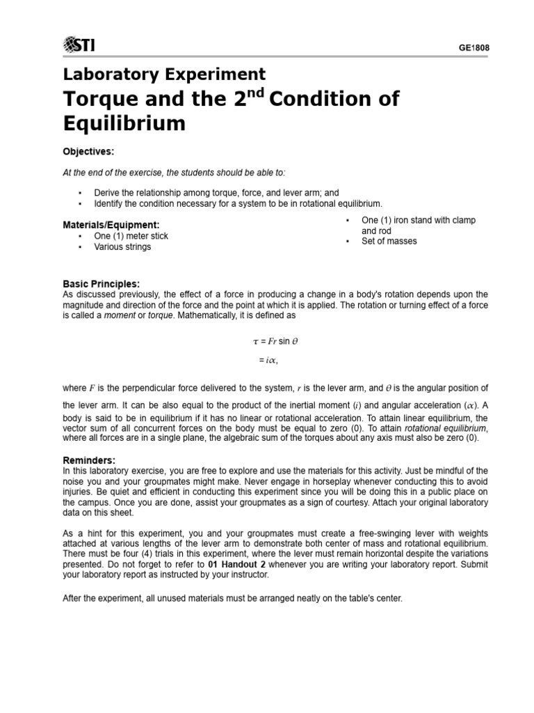 04 Laboratory Experiment 1 | PDF | Torque | Force