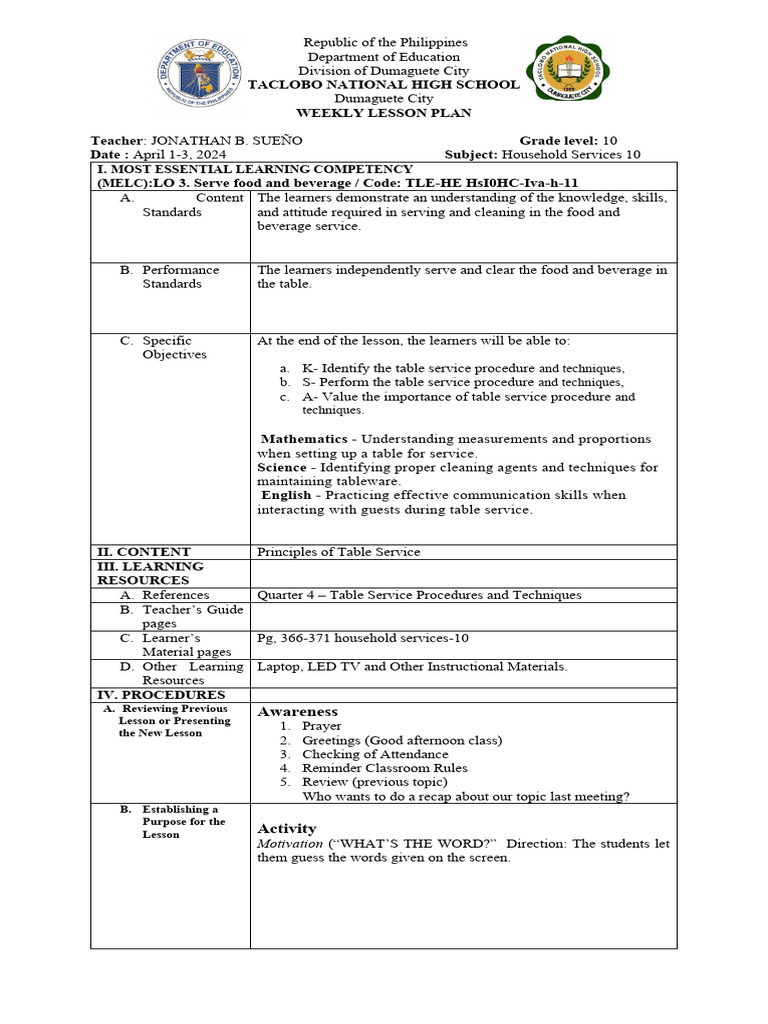 Jonathan Sueno Lesson Plan 10 | PDF | Tableware | Learning