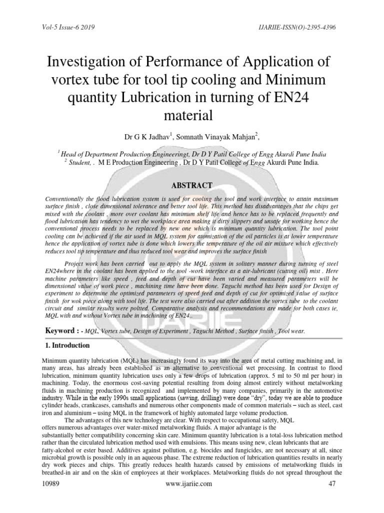 Investigation of Performance of Application of Vortex Tube For Tool Tip Cooling and Minimum ...