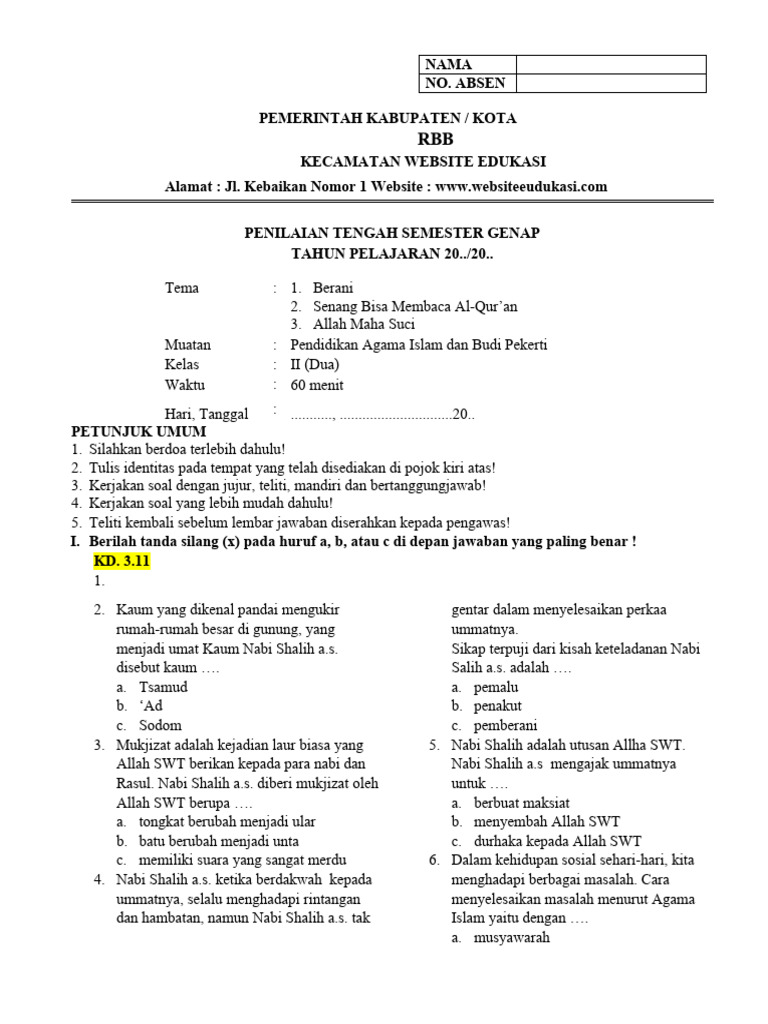 Soal PTS 2 Mapel PAI Kelas 2 SD | PDF