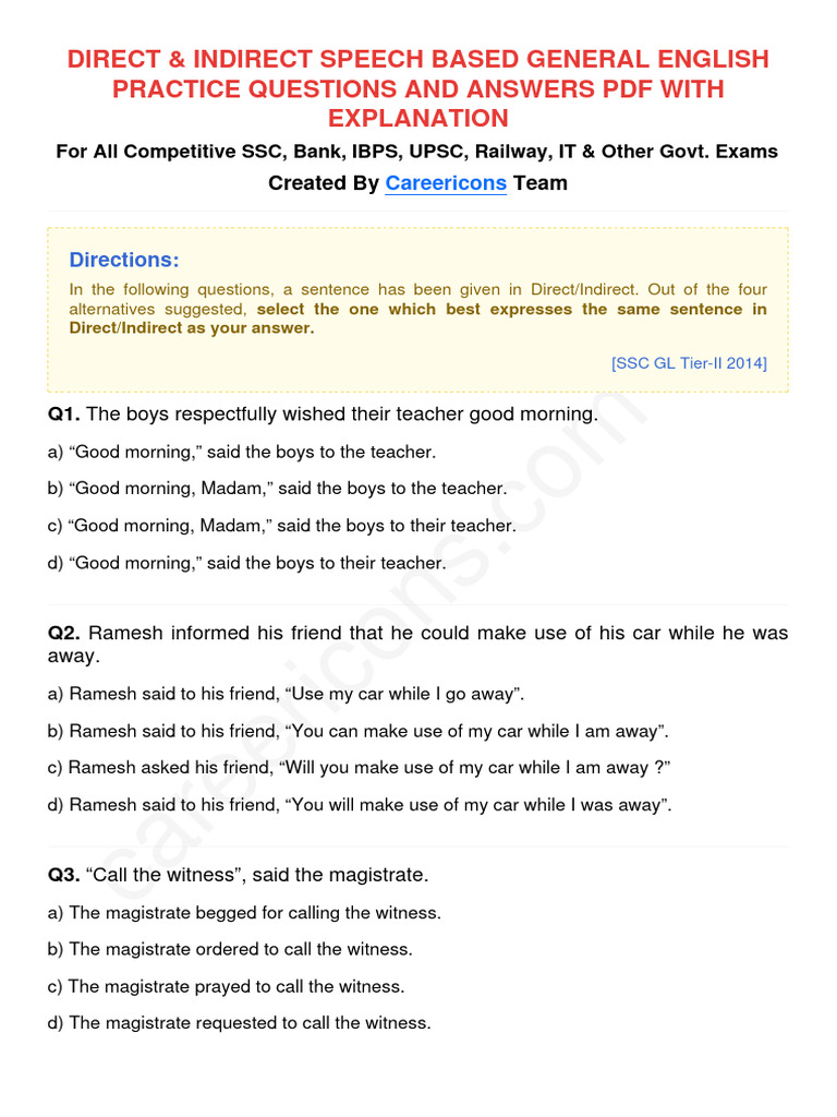 465 Direct & Indirect Speech Based General English Section 12 Question ...