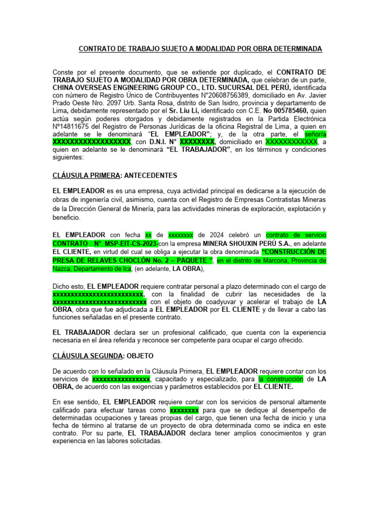 Contrato de Trabajo Sujeto A Modalidad Por Obra Determinada - v1 | Descargar gratis PDF ...