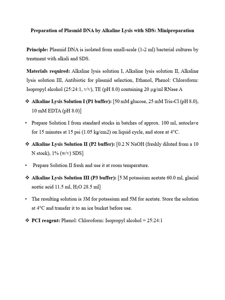 Alkaline Lysis Plasmid DNA Prep Protocol | PDF | Precipitation ...