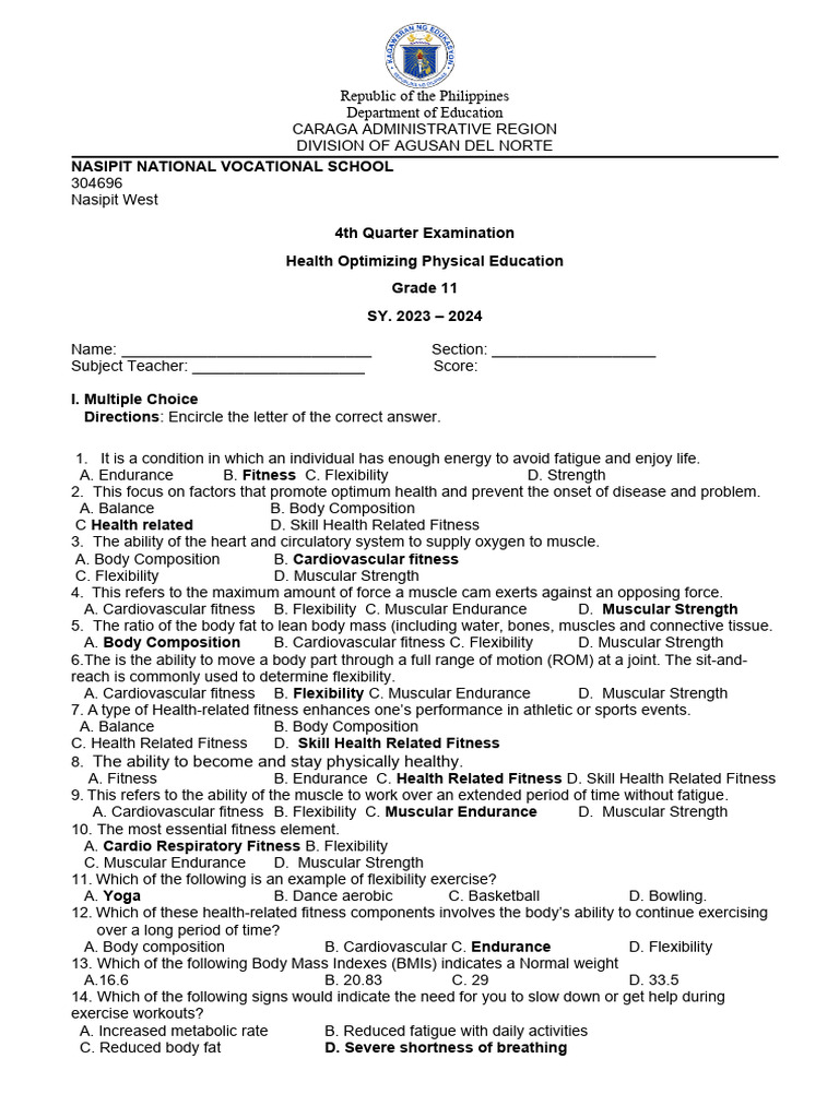 Grade 11 Health Education Exam Guide | PDF | Physical Fitness ...
