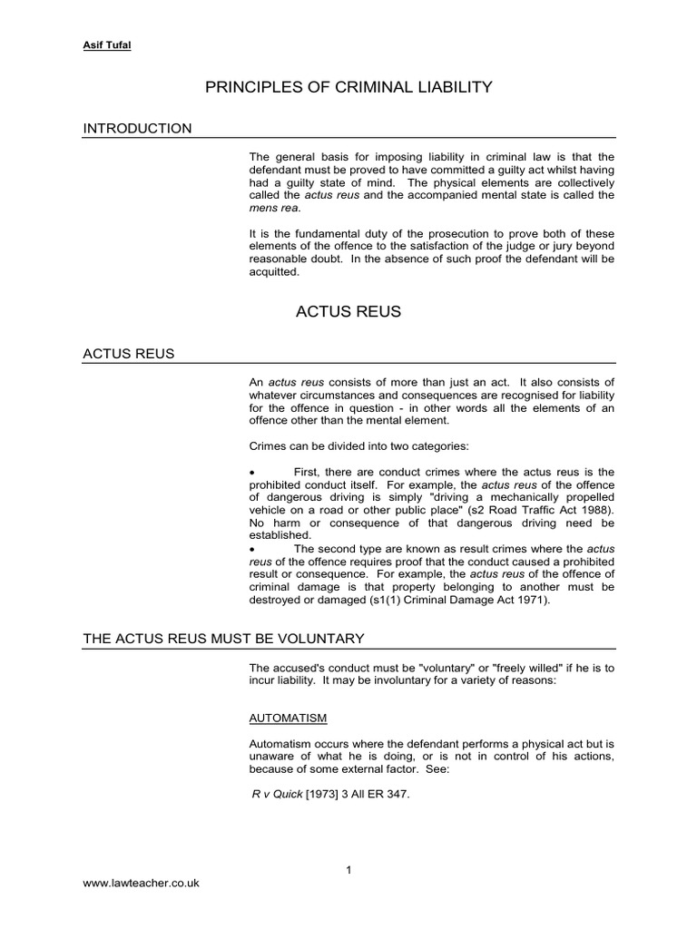 Actus Reus Lecture PDF | PDF
