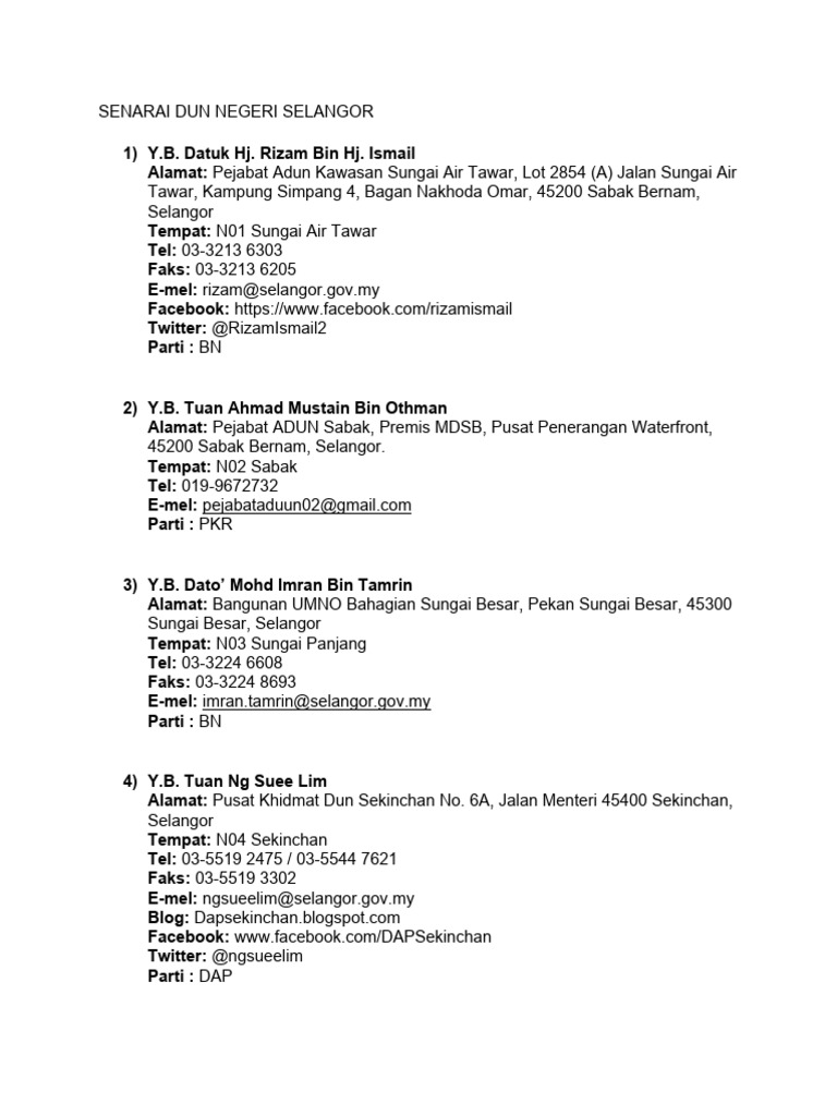 Senarai Dun Negeri Selangor & Peg Kerajaan | PDF
