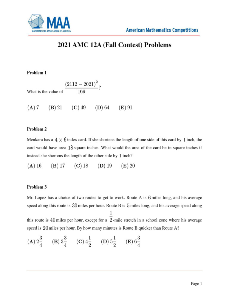 2021 Amc 12a Fall | PDF | Circle | Numbers