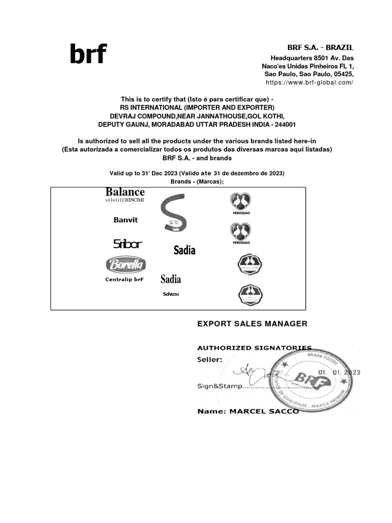 BRF SA Authorization Letter RS INTERNATIONAL | PDF