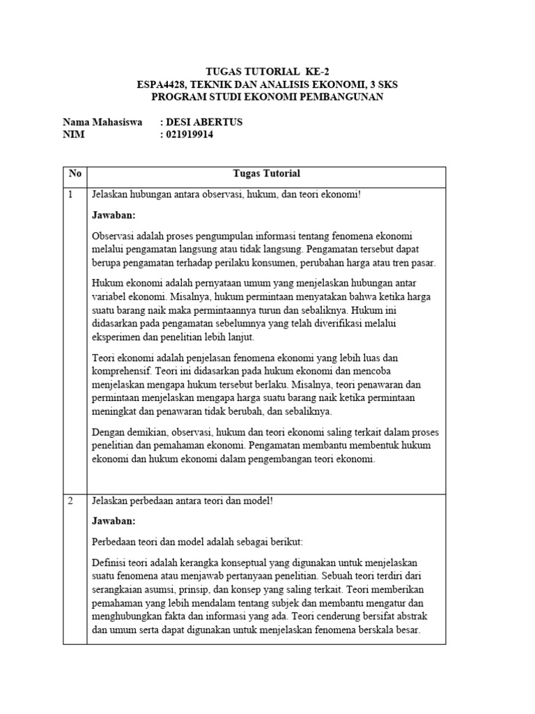 Tugas Tutorial Ke 2 Teknik Dan Analisis Ekonomi | PDF