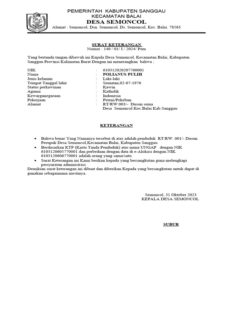 KETERANGAN BEDA NIK UNTK KELOMPOK TANI (AutoRecovered) | PDF