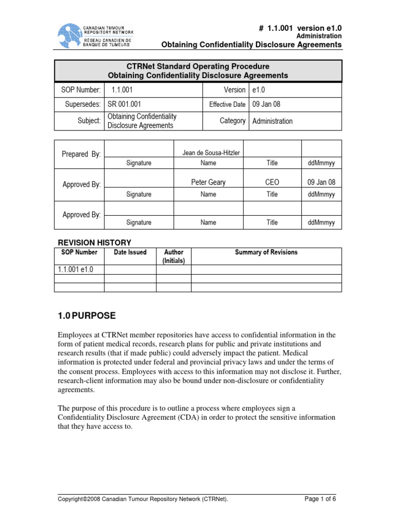 Ctrnet Sop 1.1.001 E1.0 Confidentiality Disclosure Agreements From TB ...