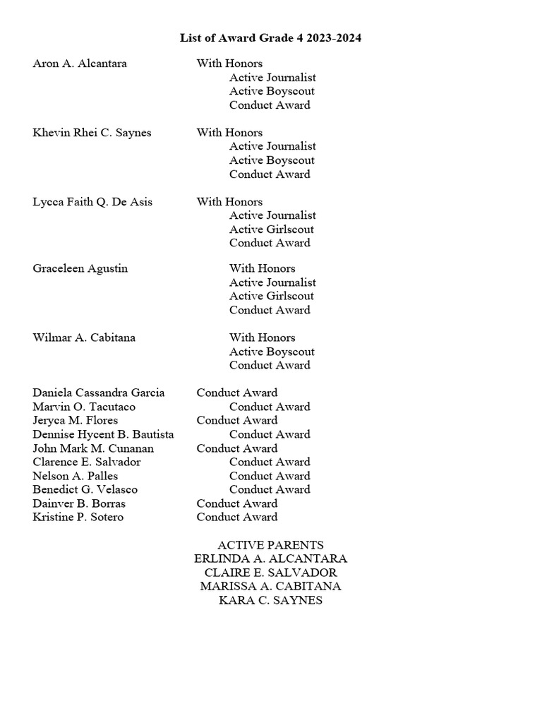 Award List 2023-2024 Grade 4 | PDF