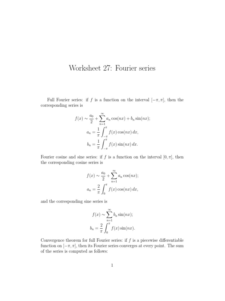 Worksheet Fourier Series | PDF | Fourier Series | Calculus