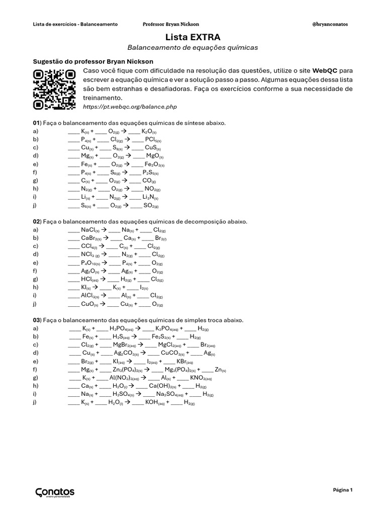 Lista de Exercícios - Balanceamento - Prof Bryan Nickson | PDF | Química