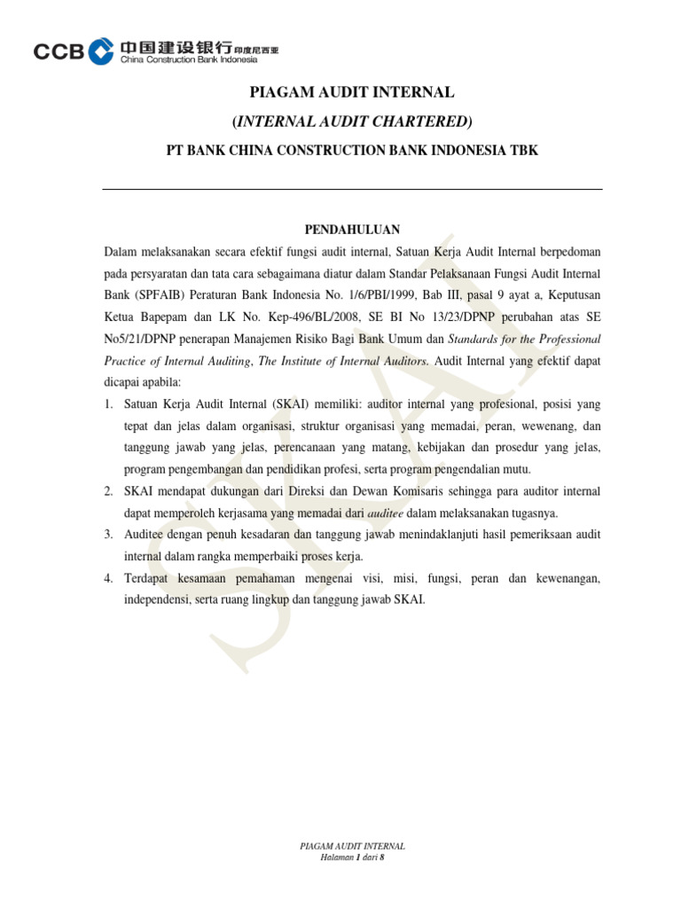 Piagam Audit Internal Bank CCBI | PDF