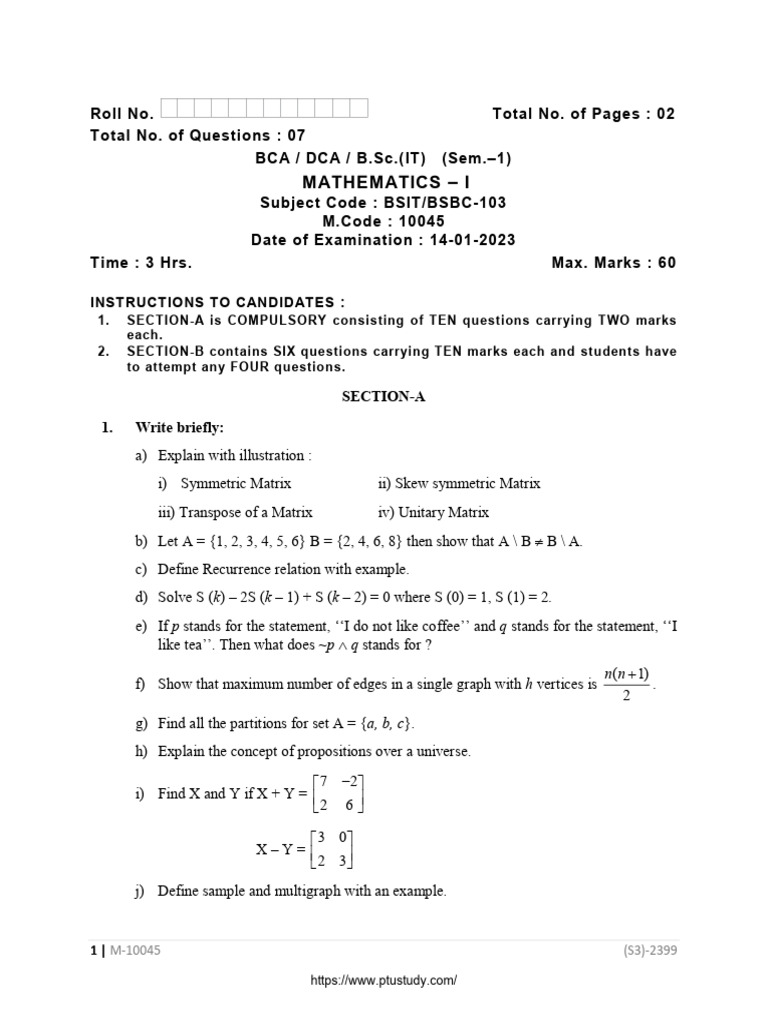 Bca Dca BSC 1 Sem Mathematics 1 10045 Jan 2023 | PDF | Matrix ...