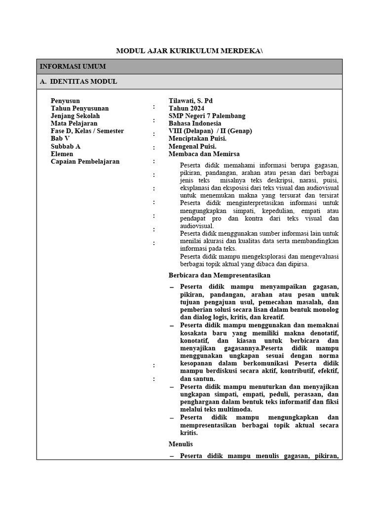 Modul Ajar Kurikulum Merdeka | PDF | Seni & Disiplin Bahasa